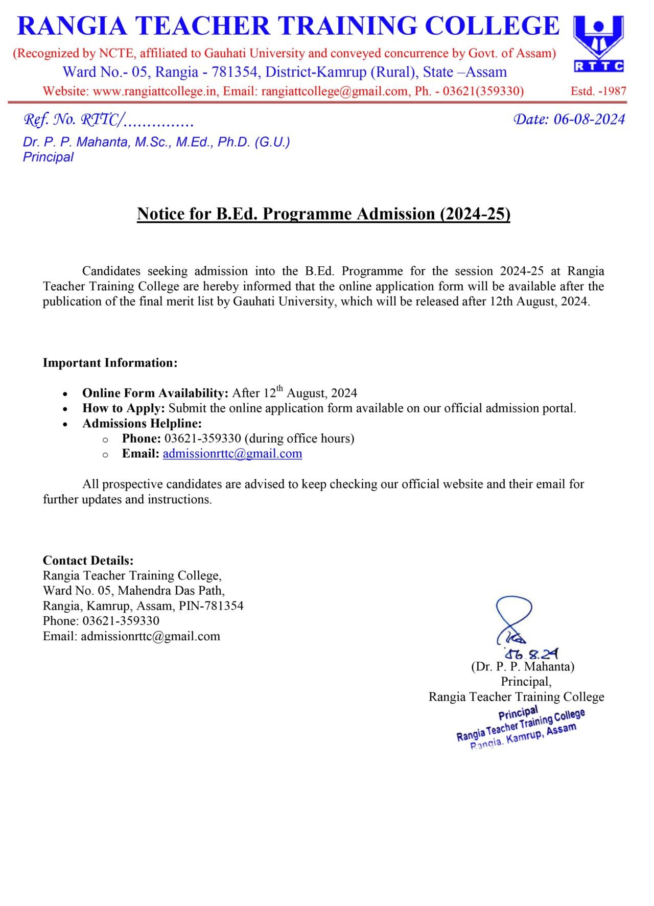 Notice for B.Ed. Programme Admission (2024-25) - Rangia T. T. College